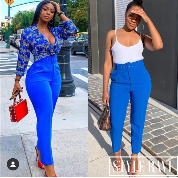 Zara | Pants & Jumpsuits | Zara Belted High Waisted Blue Trouser Xs Nwt ...